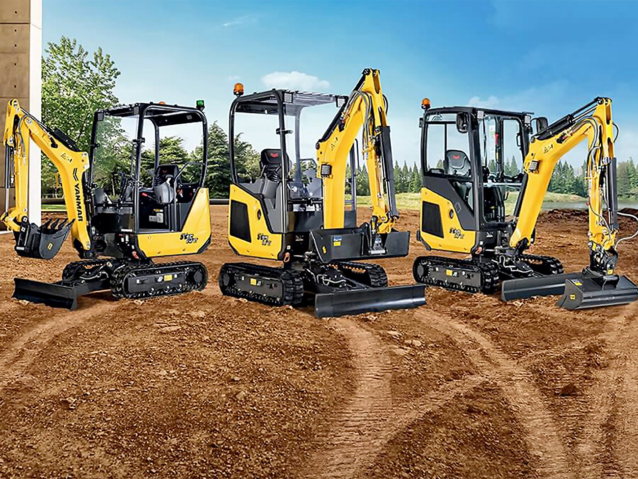 Three mini excavators for work in urban area
